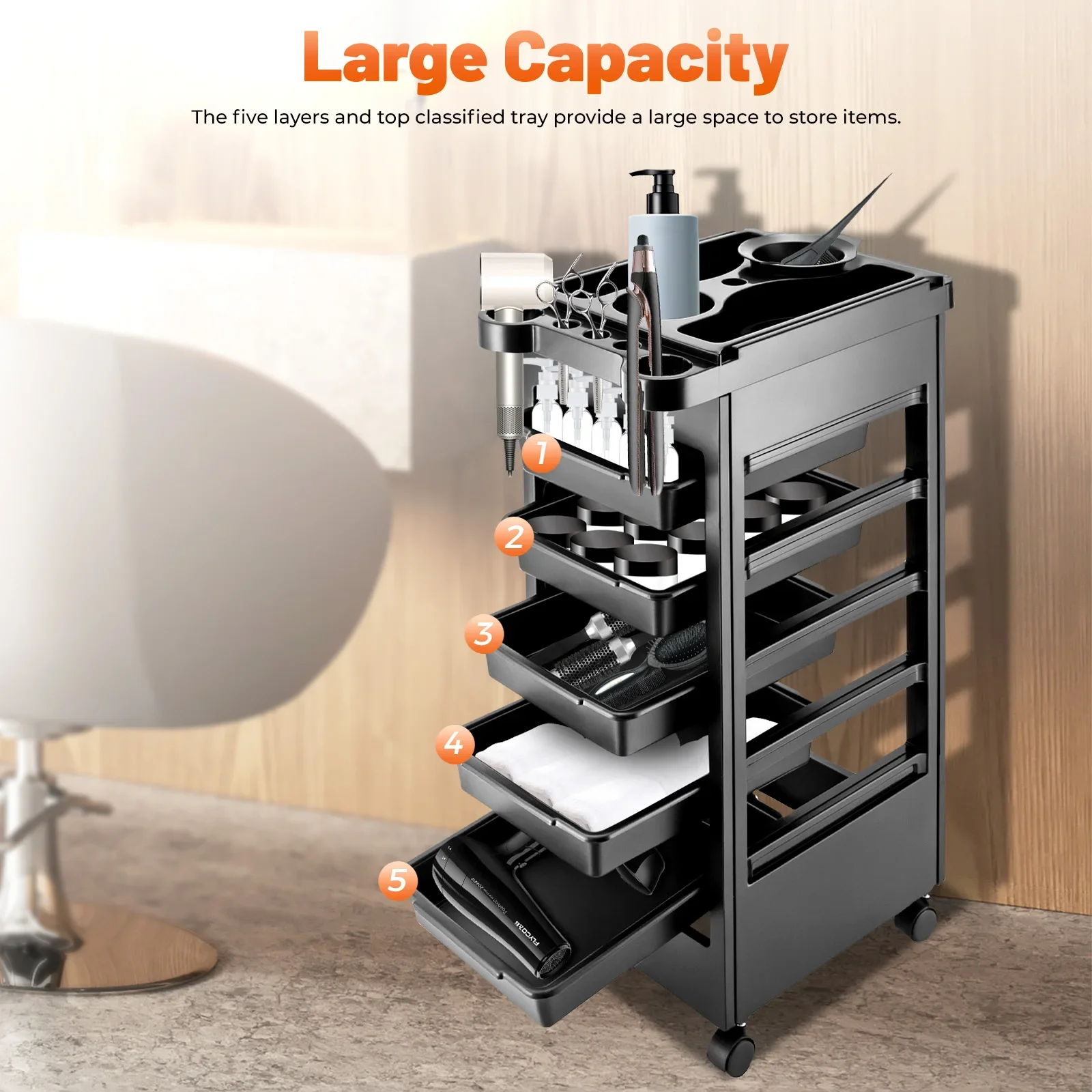 Hair Salon Trolley 5 Drawer Rolling Cart Hair Dye Lifting Rack Storage ...