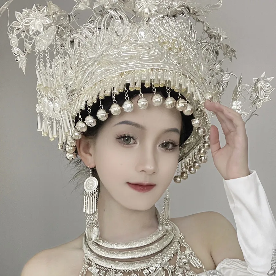Alloy Chinese Miao Hat With Bell For Women A Silver Wedding Hat ...