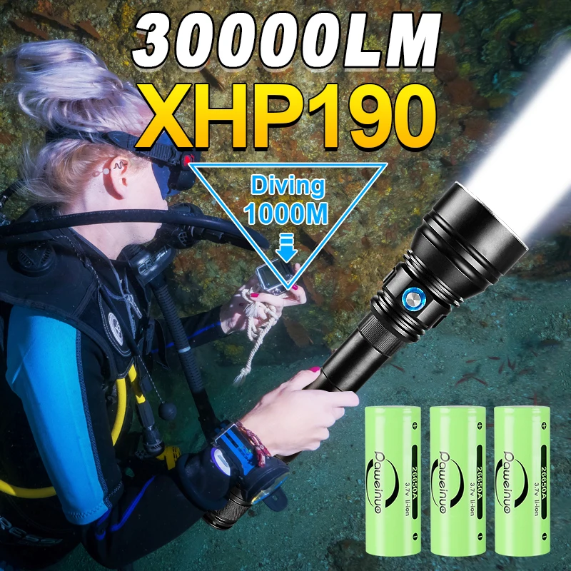 Buceo 1000m XHP190 Linterna de buceo profesional Recargable 30000LM ...
