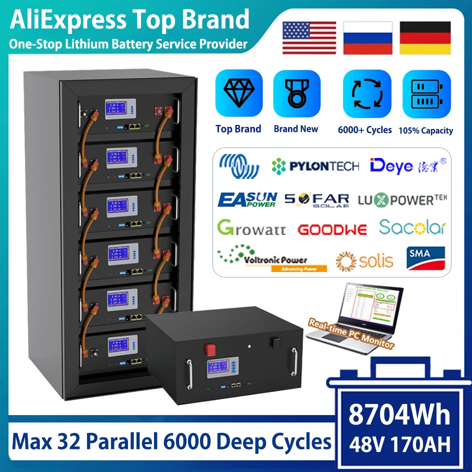6000 zyklen 48V 170Ah 8704Wh LiFePO4 Batterie Pack 16S 200A BMS KÖNNEN ...