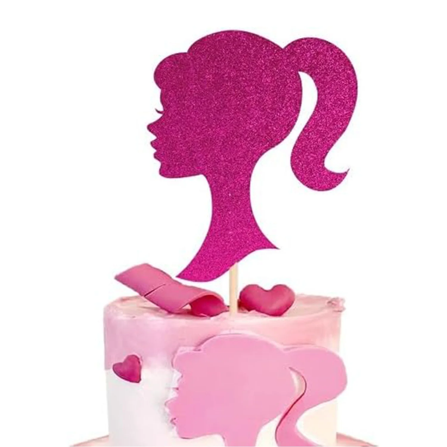 Glitter Hot Pink Girl Cake Topper Set-Glitter Doll Head Cake Toppers ...