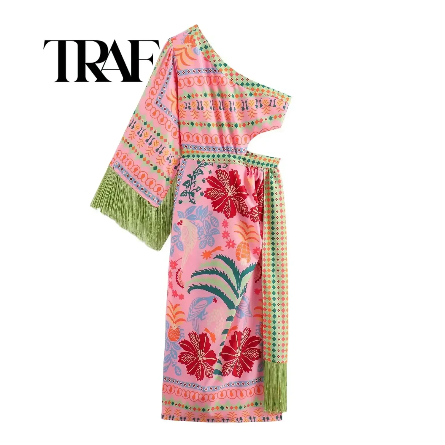 TRAF-vestido-Midi-con-borlas-y-hombro-Diagonal-para-mujer-elegante ...