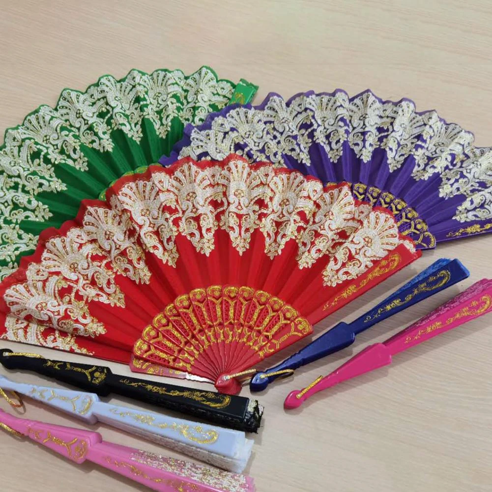 Retro Folding Hand Fan Plastic Gold Powder Craft Fan White Wedding ...