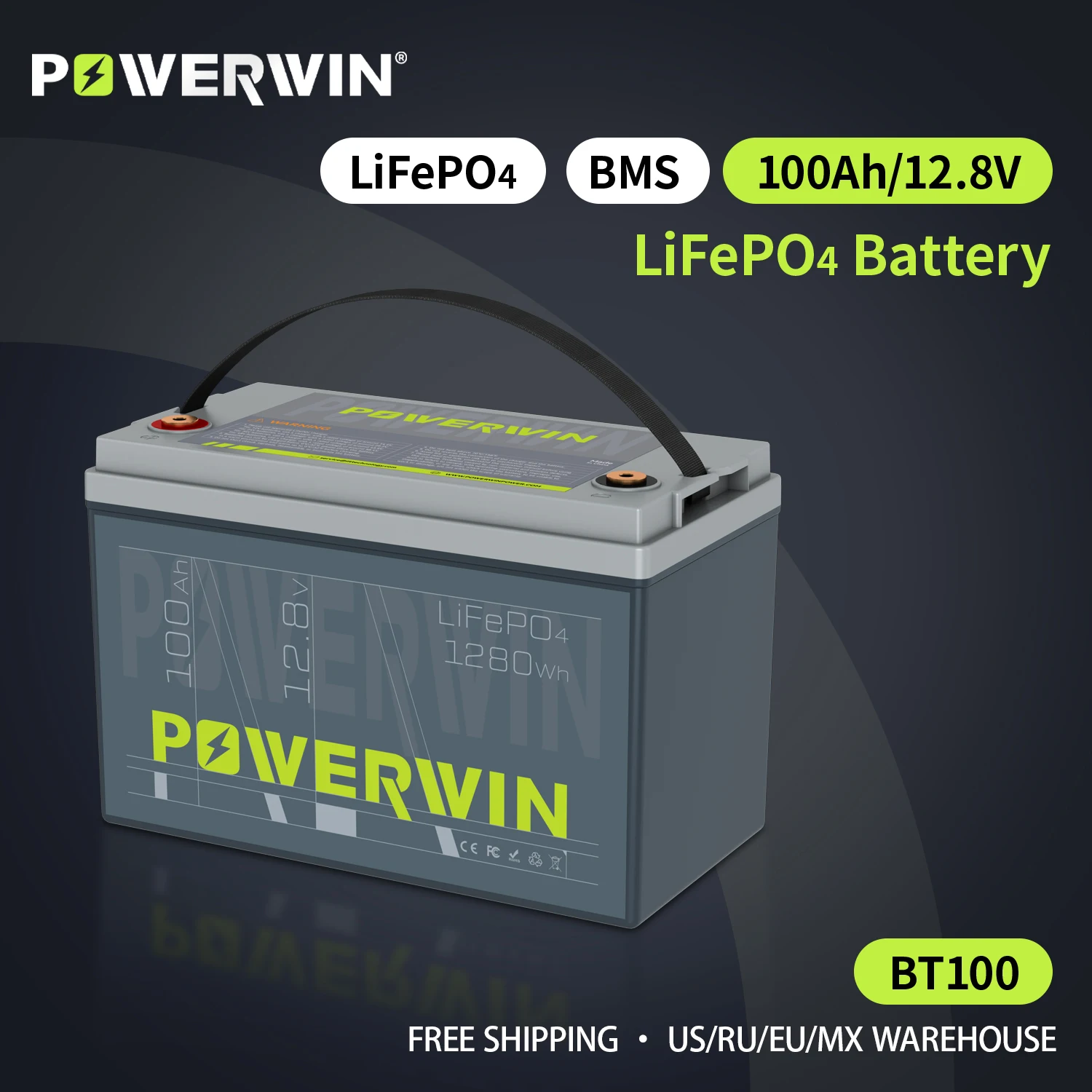POWERWIN-BT100-1280Wh-LiFePO4-12-8V-100Ah-Solar-Power-4000-Deep-Cycle ...