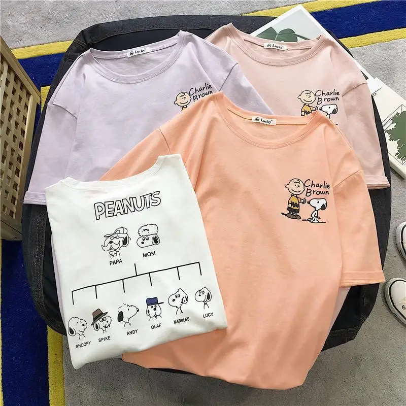 Peanuts-Snoopy-T-Shirt-Cartoon-Soft-Loose-Casual-Women-Short-Sleeved ...