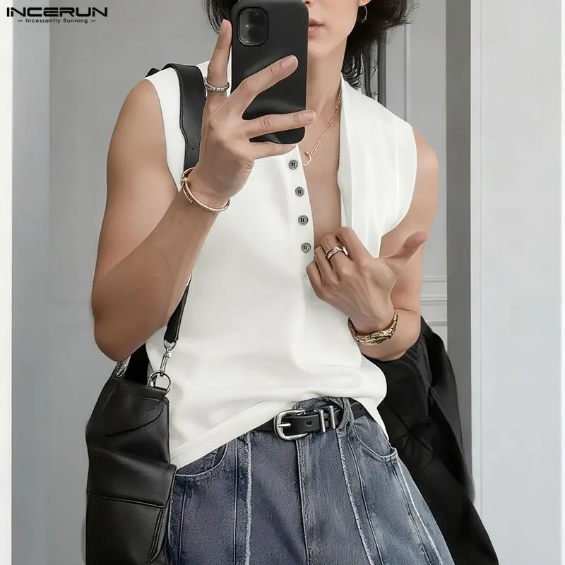 INCERUN Men Tank Tops Solid Color V Neck Sleeveless Button Summer Male ...