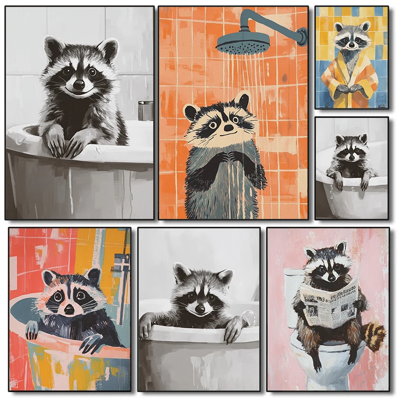 Affiches de peinture de raton laveur dans la baignoire, imprimés d ...