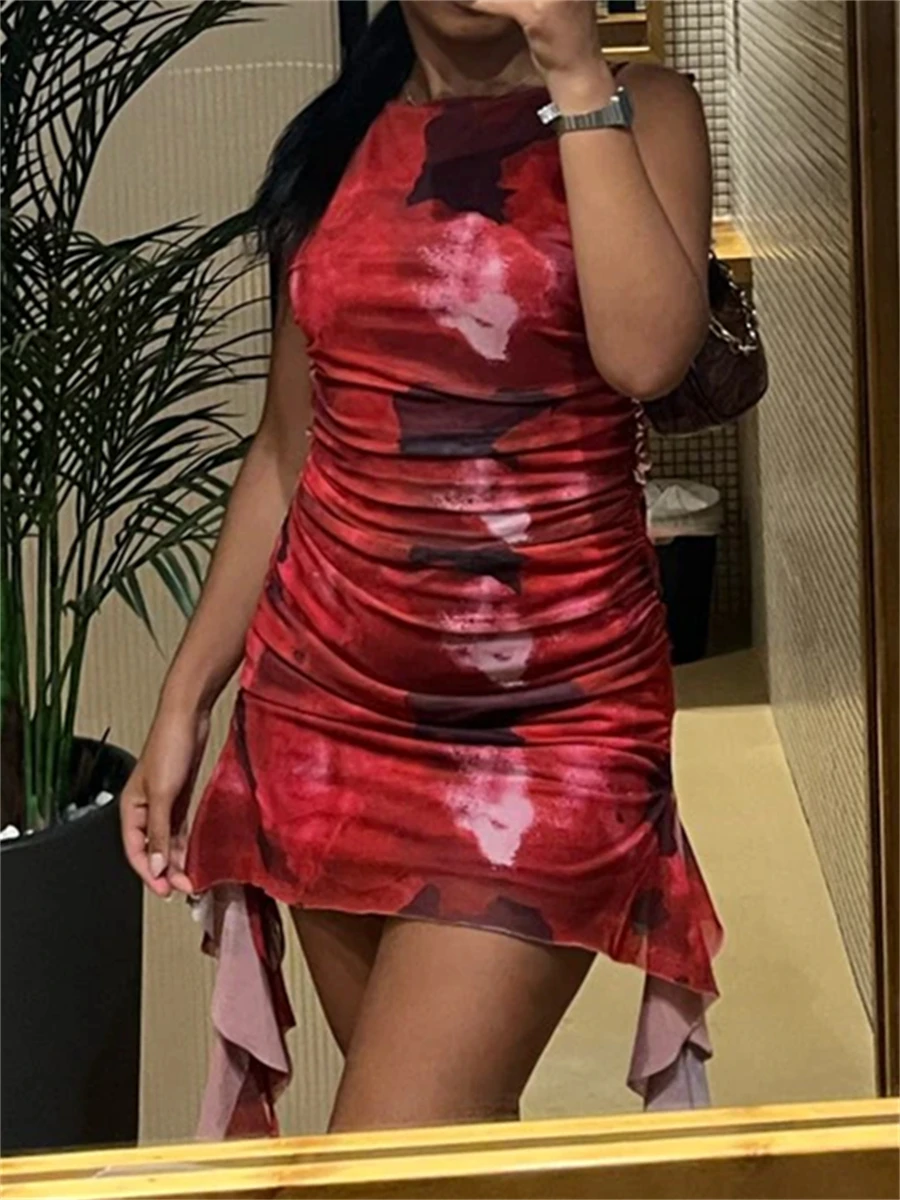 wsevypo Solid Color/Tie-dye Print Ruffled Mini Dress Women Sleeveless Crew Neck Ruched Bodycon ...