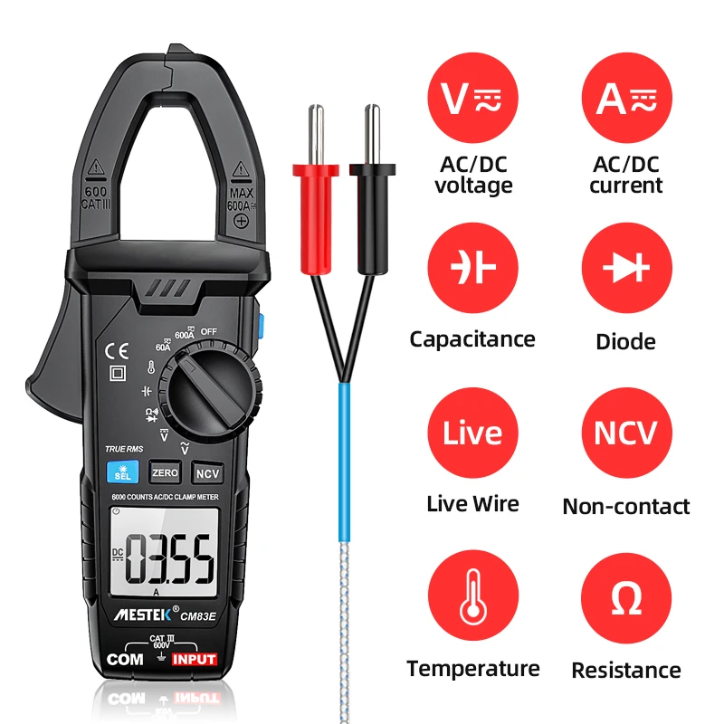 Mestek Auto Range Digital Clamp Meter AC DC 600A Multimeter Capacitance 6000 Count Amperimetrica ...