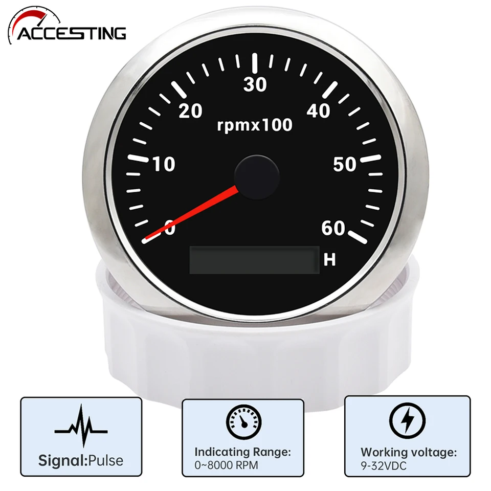 Waterproof RPM Gauge 85mm Marine Tachometer Gauge - 8000 RPM With Hour ...