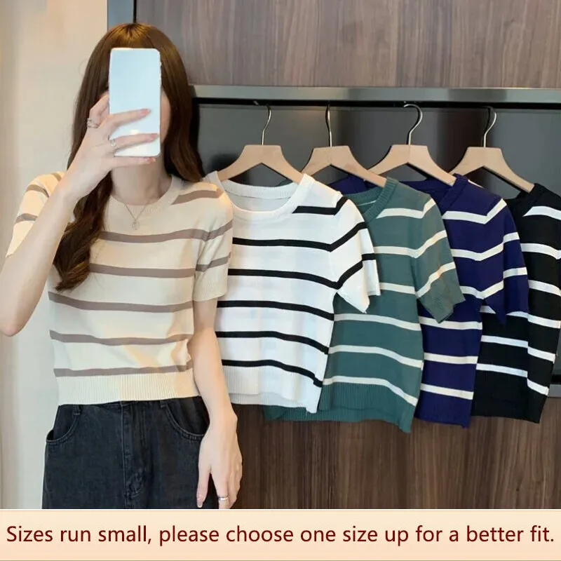 Short-Sleeve-Chic-T-shirt-Women-Summer-Lazy-Style-Round-Neck-High-Waist ...