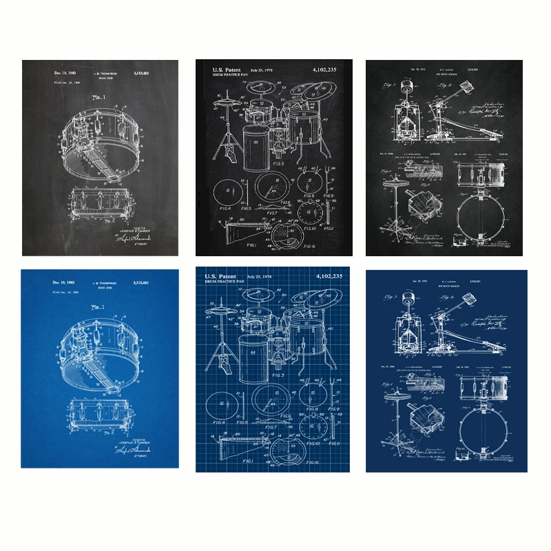 Music Instruments Patent Print Vintage Poster Drum Blueprint Retro Wall ...