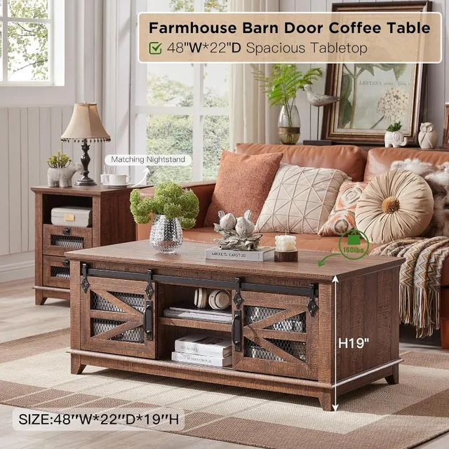 Barn Door Table Top OKD Farmhouse 48 Inch Coffee Table With Sliding