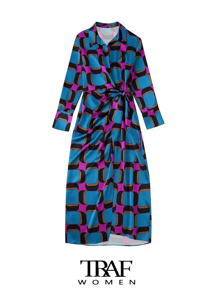 Traf Women Fashion With Tied Printed Wrap Maxi Dress Vintage Lapel ...