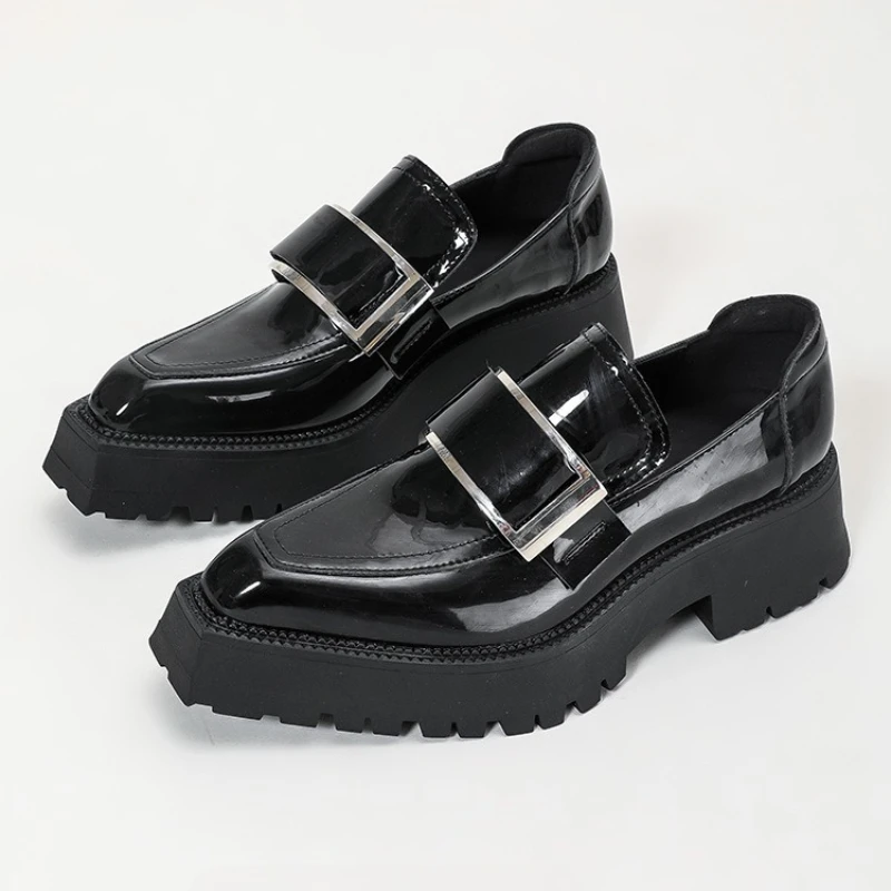 Fashion Black Patent Leather Square Toe Platform Loafers Women Retro ...