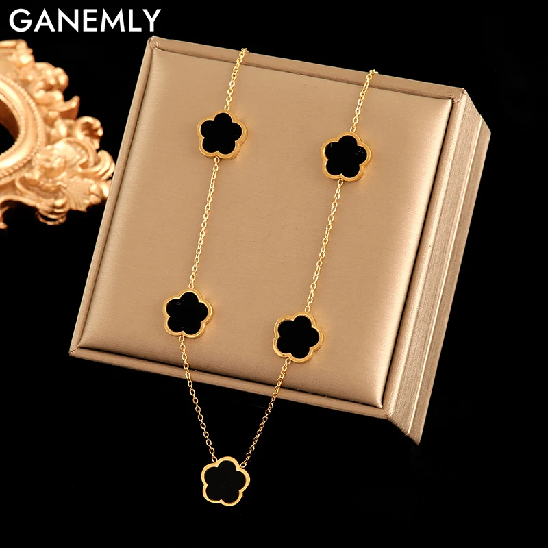 GANEMLY-316L-Stainless-Steel-Black-Five-Leaf-Clover-Chains-Necklace-For ...