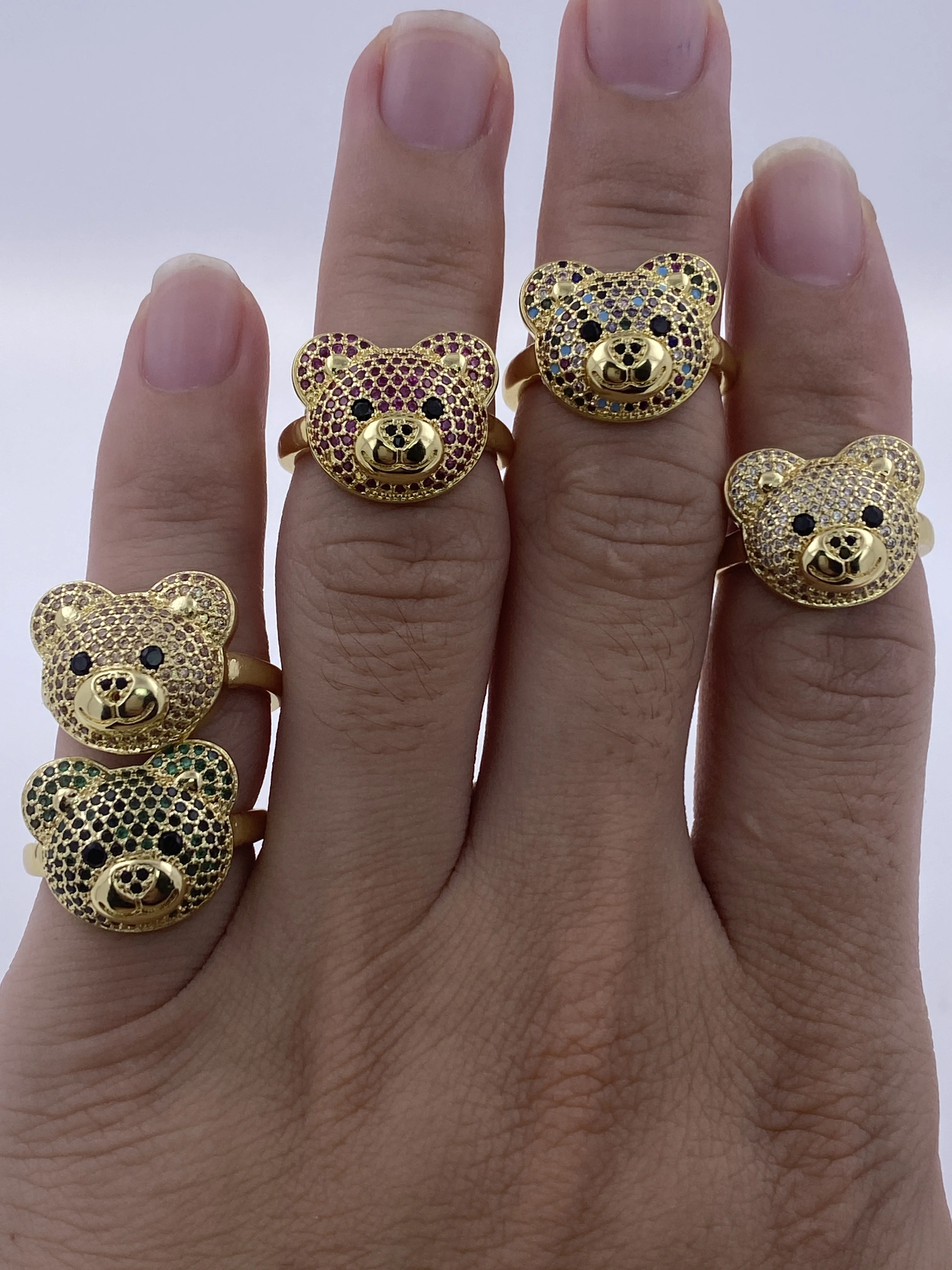 18k-Gold-Plated-Fashion-Colorful-Cute-Adjustable-Teddy-Bear-Ring-for ...