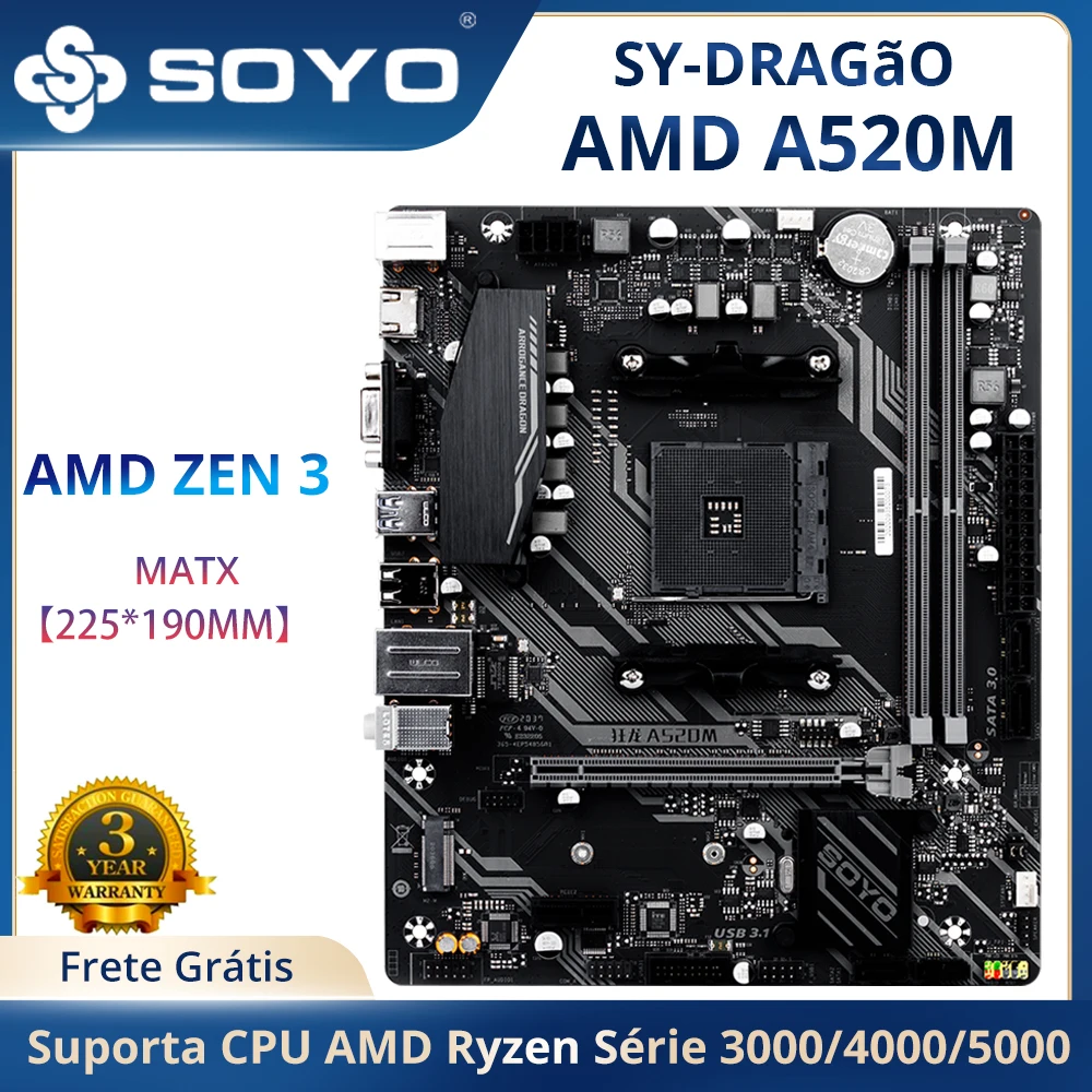 Soyo Novo Completo Dragão A520m Suporte Para Placa-mãe Amd Ryzen Cpu (3600/4650g/5600g/5600x) M ...
