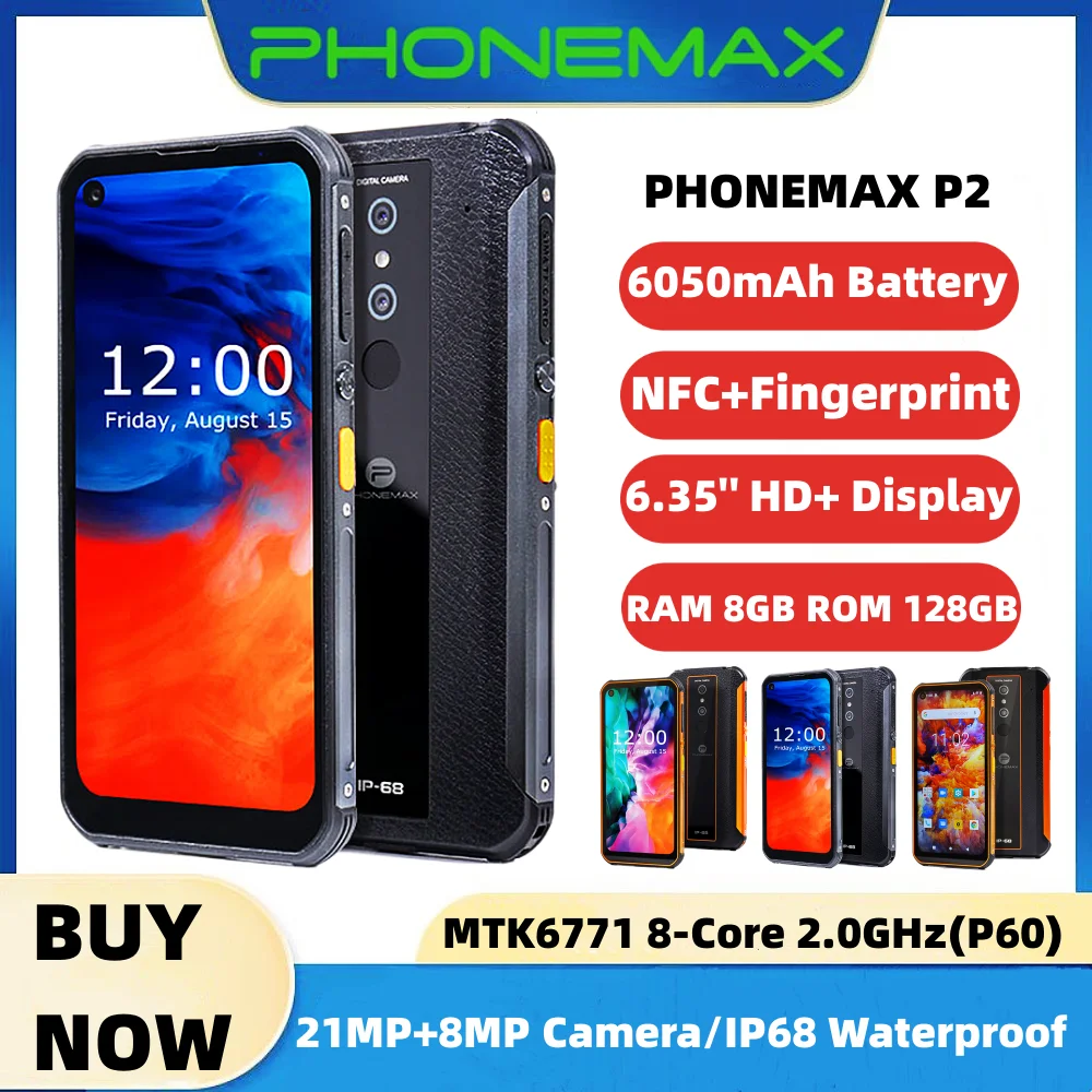 PHONEMAX-teléfono inteligente P2 Global LTE 4G, 8GB, 128GB, Android 10, IP68/IP69K, GPS ...