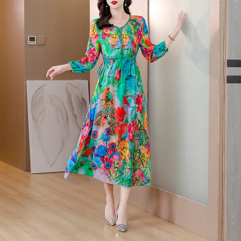 Spring-Summer-Floral-Silk-Long-Sleeve-Midi-Dress-Women-Boho-Fashion ...