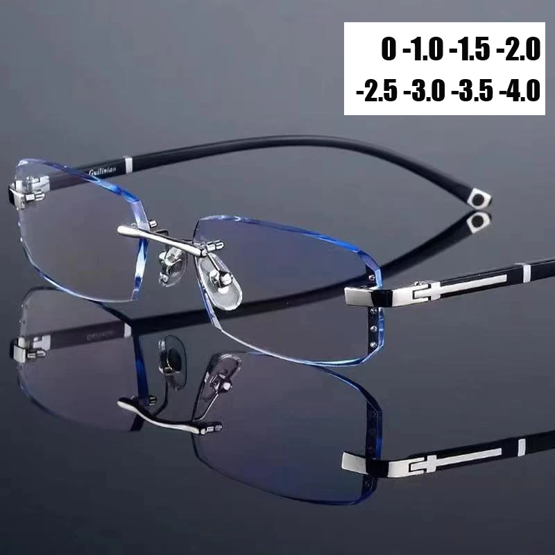 Diamond-Cutting-Myopia-Glasses-Anti-Blue-Light-Rimless-Computer-Near-Sight-Eyeglasses-Men-s ...