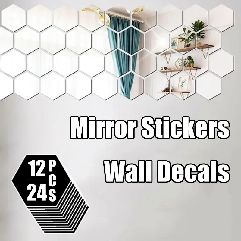 12-24PCS-Set-Hexagonal-Acrylic-Mirror-Wall-Sticker-Self-adhesive-Mini ...