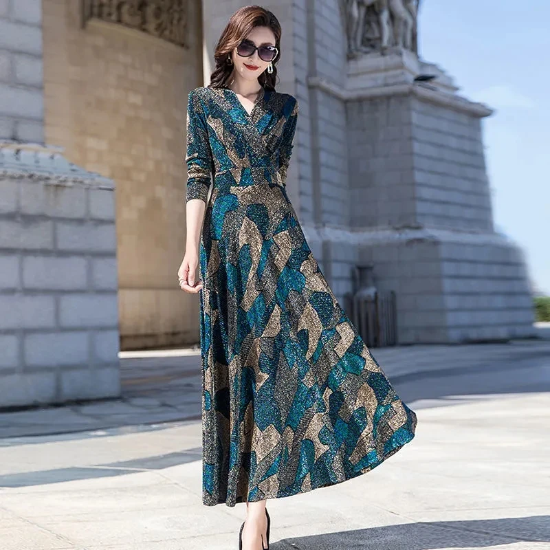 Autumn New Dress Women s 2022 Fashion Printing V Neck Waist Slim Travel Holiday Swing A Line Dress Temperament Ladies Dresses