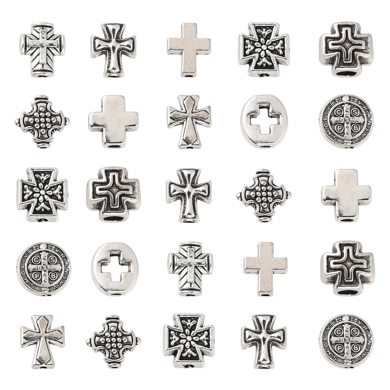 100Pcs 10 Styles Tibetan Cross Crucifix Spacer Beads Antique Silver ...