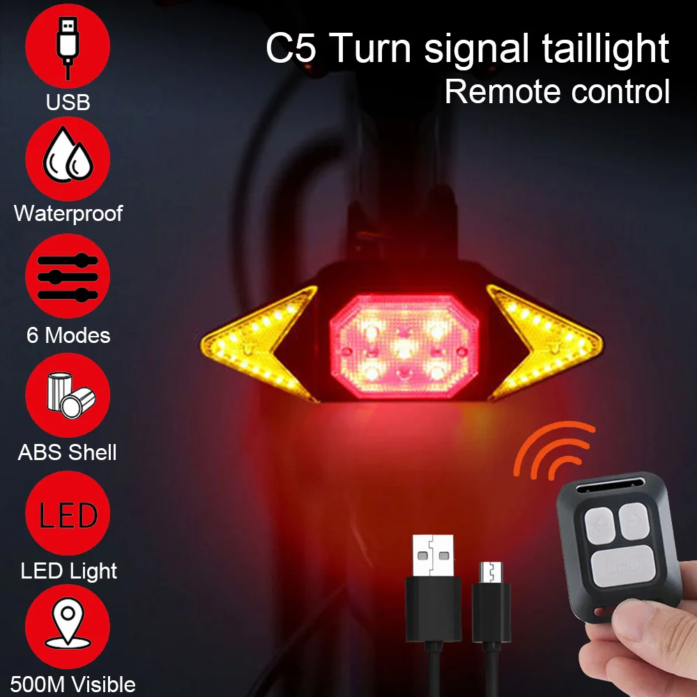 Rear Light Bicycle Turn Signal USB Bike Tail Light Wireless Remote ...