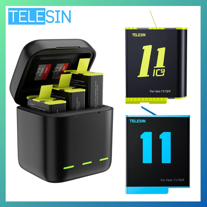 TELESIN Battery Charging Box 3 Slots Storage Charger Case 1750 mAh Fast ...