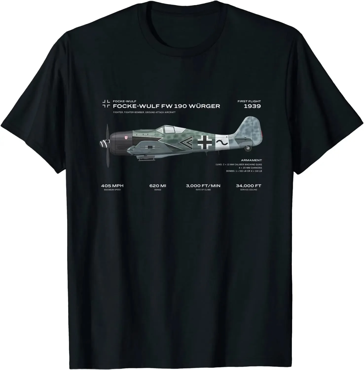 Y2k Hip Pop Tops Focke Wulf Fw 190 Fighter Aircraft T Shirt Print ...