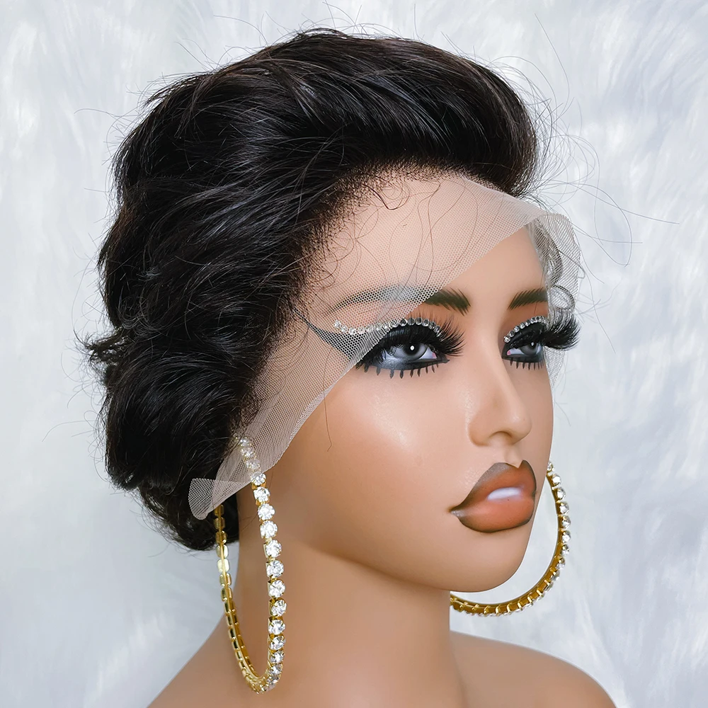 Short Lace Frontal Wig Human Hair Natural Color Curly Wave 13X4 Frontal ...