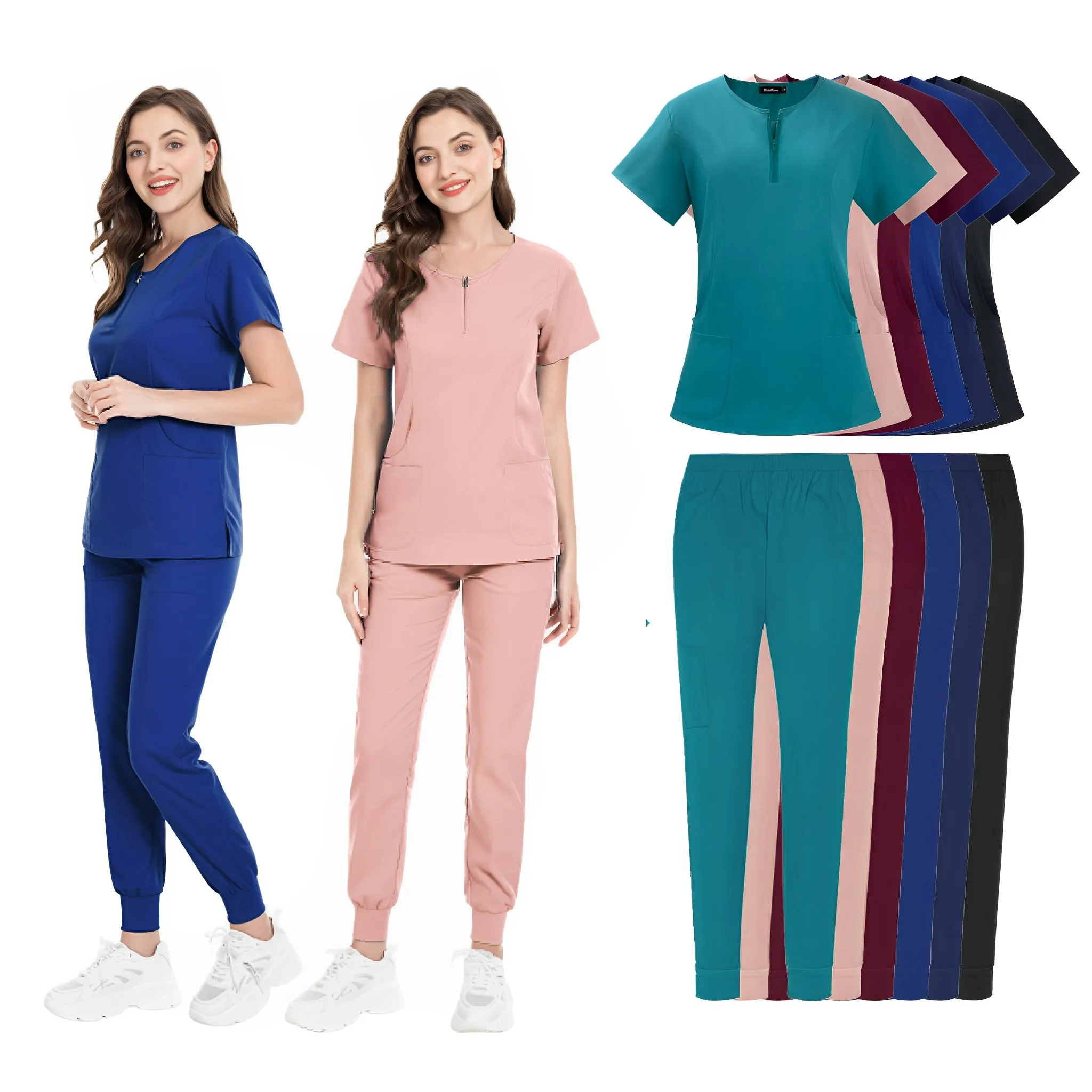 Women-Multicolor-Short-Sleeve-Tops-Pants-Scrub-Nursing-Set-Doctor-Solid ...