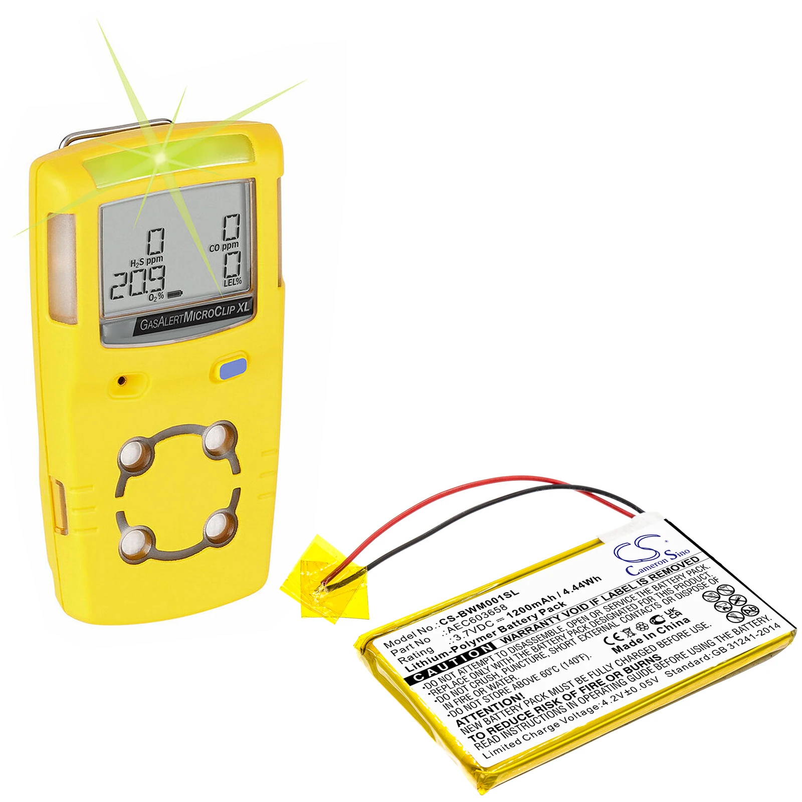 Cameron-Sino-1200mAh-Battery-For-BW-Gasalert-Microclip-Gas-Detector ...