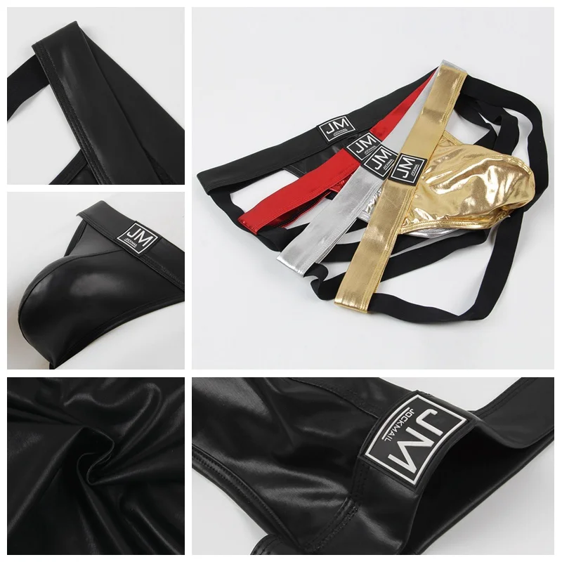 JOCKMAIL 플래시 진주 가죽 게이 Jockstraps 반짝 이는 섹시한 남성 속옷 댄서 의상 퀴어 플러스 사이즈 끈 수영 ...