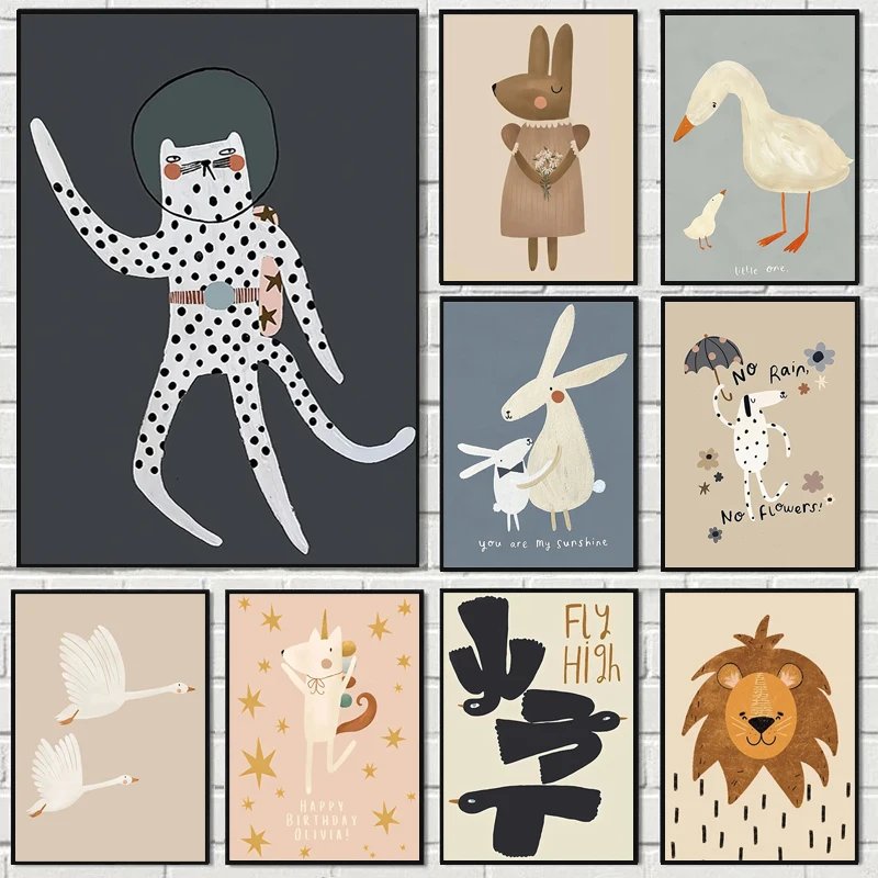 New-Boho-Cartoon-Rabbit-Mouse-Goose-Nurser-Art-Canvas-Painting-Nordic ...