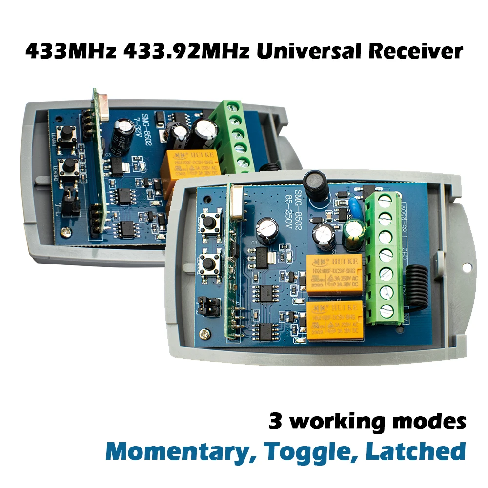 2CH Universal Garage Door 433.92MHz Receiver with Jumper Cap Momentary ...