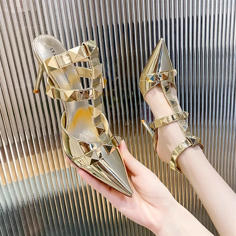 Sandalias-de-tac-n-alto-con-remaches-plateados-para-mujer-Sandalias-de ...