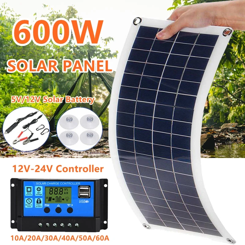 600W-Flexible-Solar-Panel-Kit-12V-5V-Dual-USB-Solar-Cells-Solar-Charger ...