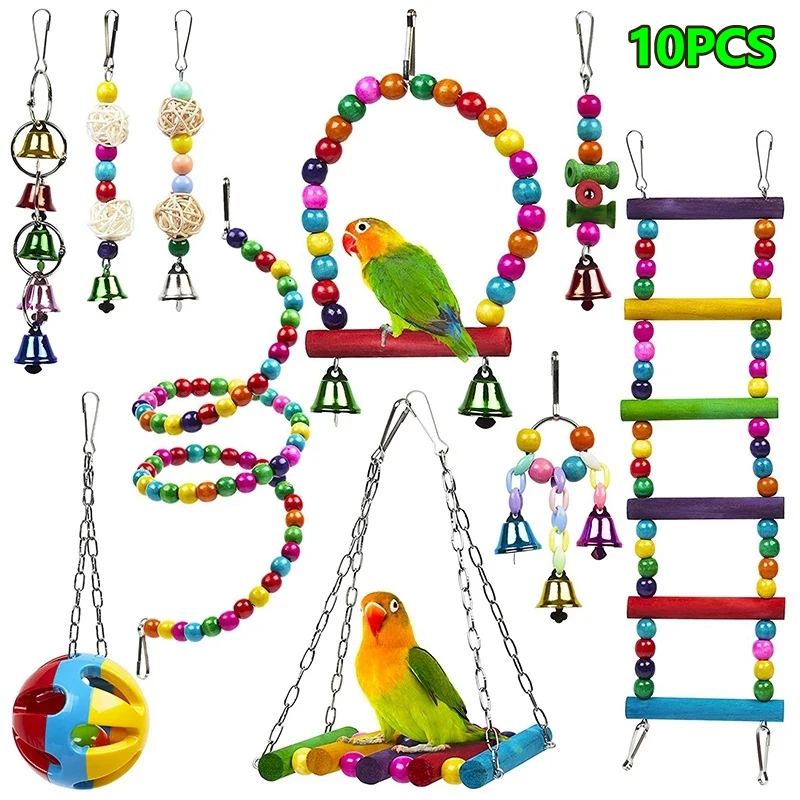 10pcs Birds Toys For Parrot Wood Birds Swing Hanging Swing Cloud Ladder ...