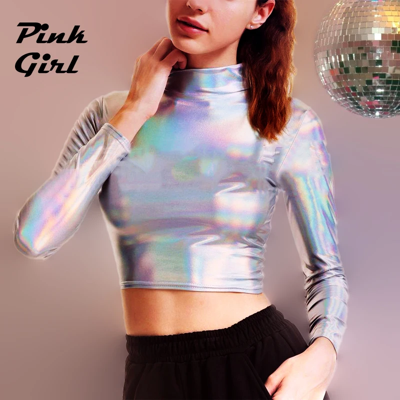 Women-Liquid-Metallic-Long-Sleeve-Crop-Top-Punk-Turtleneck-Holographic ...