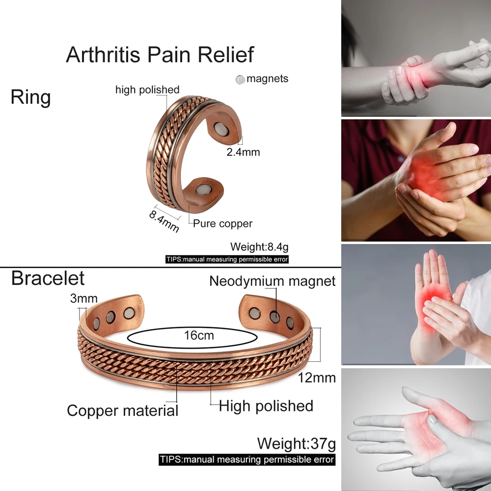 Vinterly Twisted Magnetic Pure Copper Jewelry Set Adjustable Bracelet Ring Magnet Resizable Health Arthritis