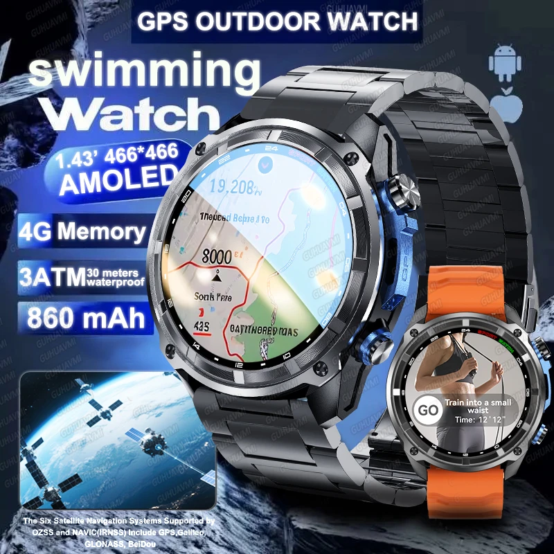 NEW GPS Offline Map Position Smart Watch Men 4GB Memory Compass 3ATM ...