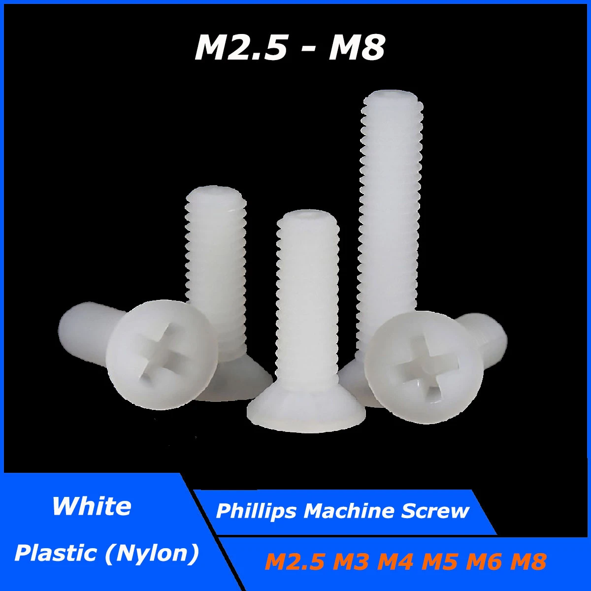 Tornillos de cabeza avellanada Phillips, 10 ~ 100 piezas, M2.5, M3, M4, M5, M8, de nailon blanco ...