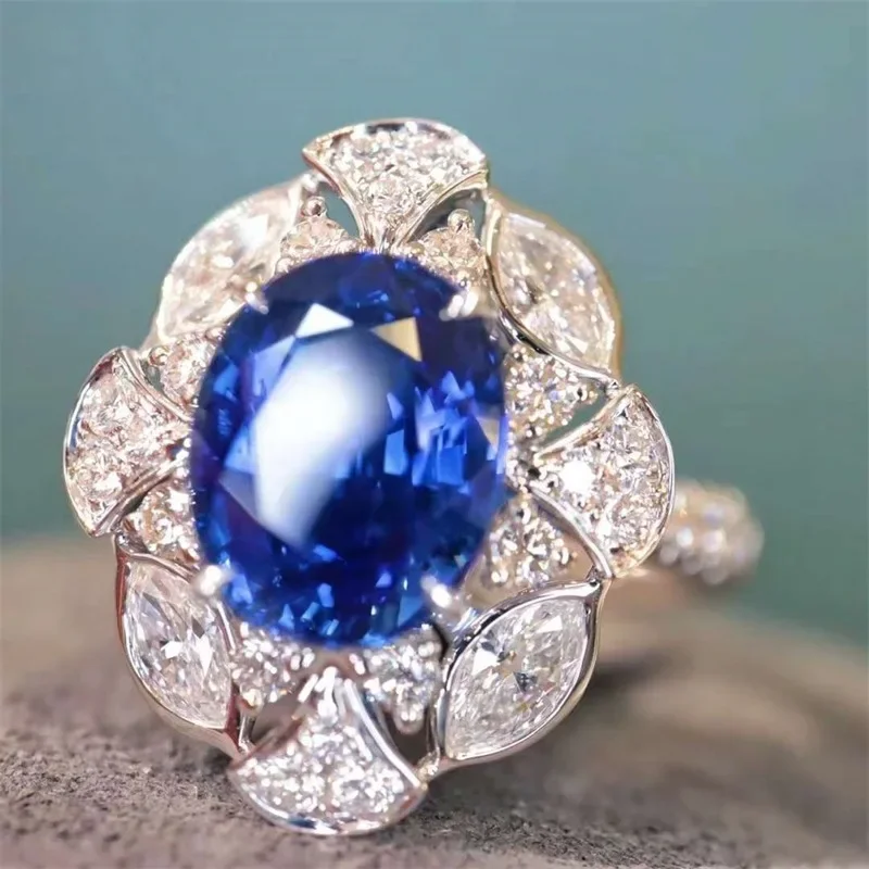 2024-Blue-Zircon-High-end-Flower-Shining-Ring-Fashionable-and-Elegant-for-Women-Noble-Ladies ...