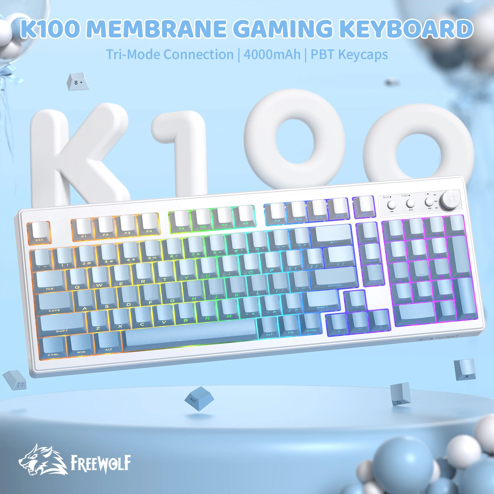 K100 Wireless Gaming Keyboard 99 Keys Tri-Mode BT/2.4GHz/USB-C Creamy ...