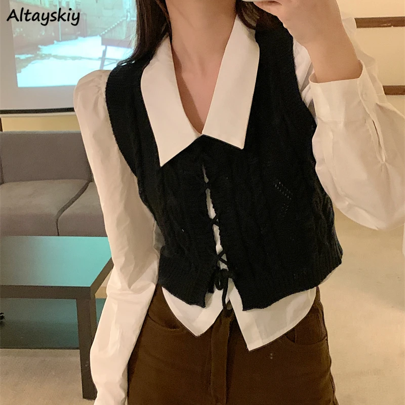 Suéter corto sin mangas para mujer, chaleco con cinturón de diseño de giro sólido, chalecos de ...