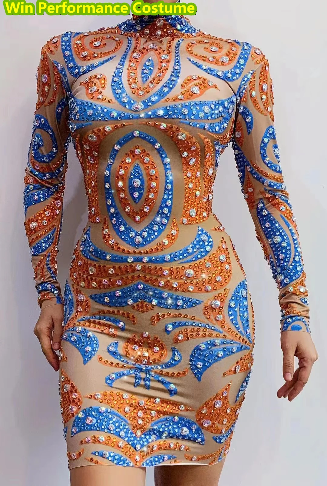 Nightclub-Bar-Female-Singer-Full-Diamond-False-Flesh-Orange-Print-Long ...