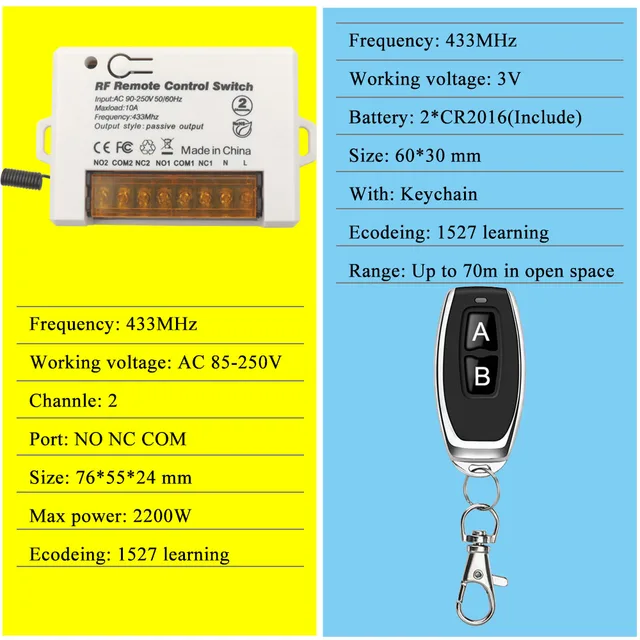 Rf 433Mhz Vezeték Nélküli Távirányító Kapcsoló Ac 110V 220V 2Ch Relay ...