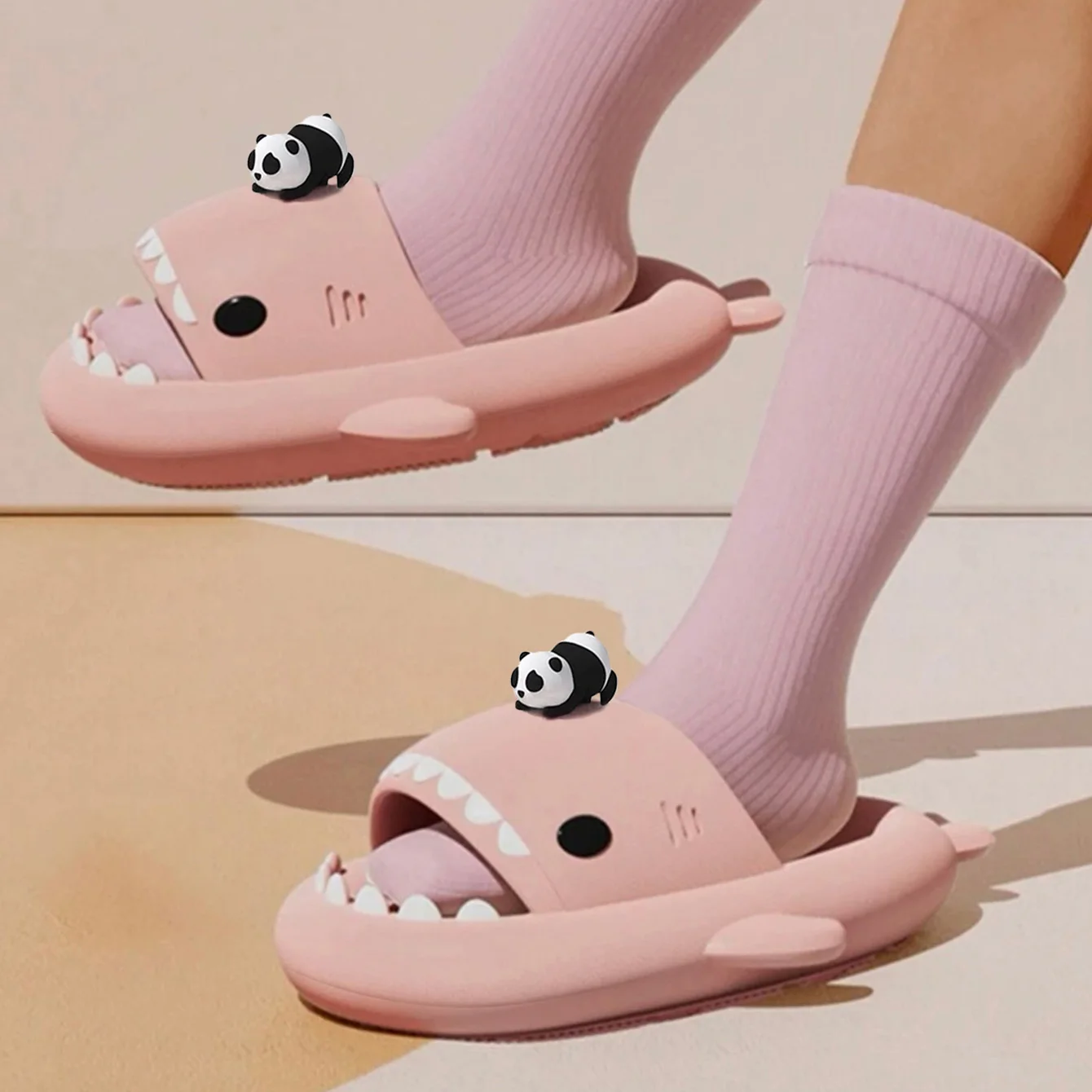 2024 Cute Panda DIY Shark Slippers Women Men Summer Platform Shoes 4cm ...